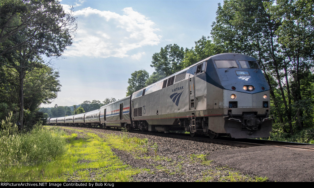 AMTK 75 leads the eastbound Lake Shore Limited through East Chatham, NY